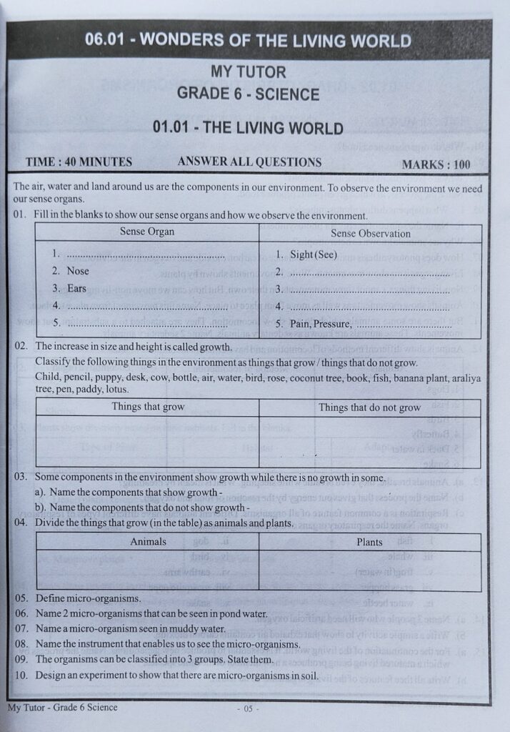 Grade 06 Science Workbook with Term Test Papers (My Tutor) | English ...
